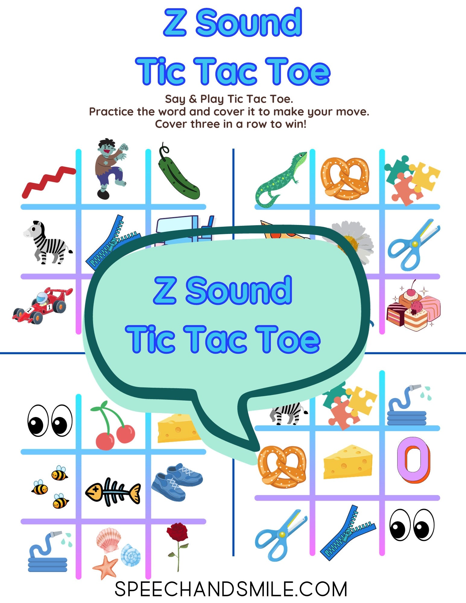 Z Sound Tic-Tac-Toe PRINTABLE Speech Sounds Tic-Tac-Toe Print and Play ...