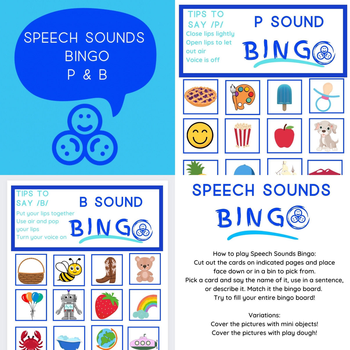 P and B Sounds Printable Bingo Matching Game-Speech Therapy Printable ...